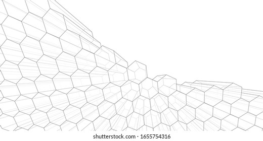 Perspective Grid Hexagonal Surfacelinear 3d Illustration Stock ...