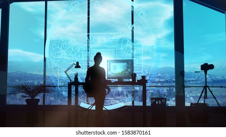 Videographer Desk On Background Infographics 3d Stock Illustration ...