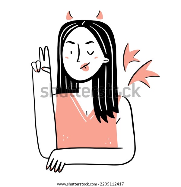 Portrait Young Daring Demon Girl Horns Stock Illustration 2205112417