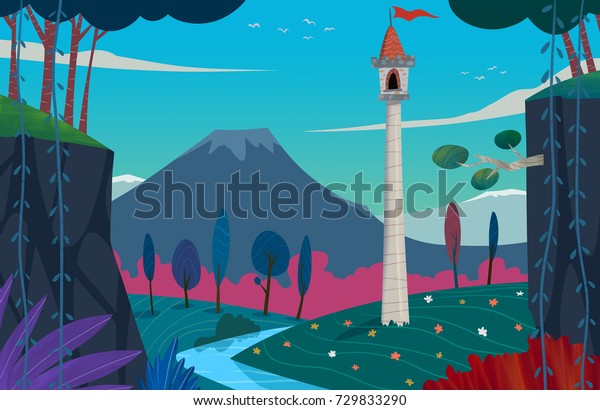 Ilustración de stock sobre Castillo de la torre Princesa Rapunzel 729833290