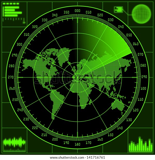 Radar screen with world map. Raster version of the illustration.