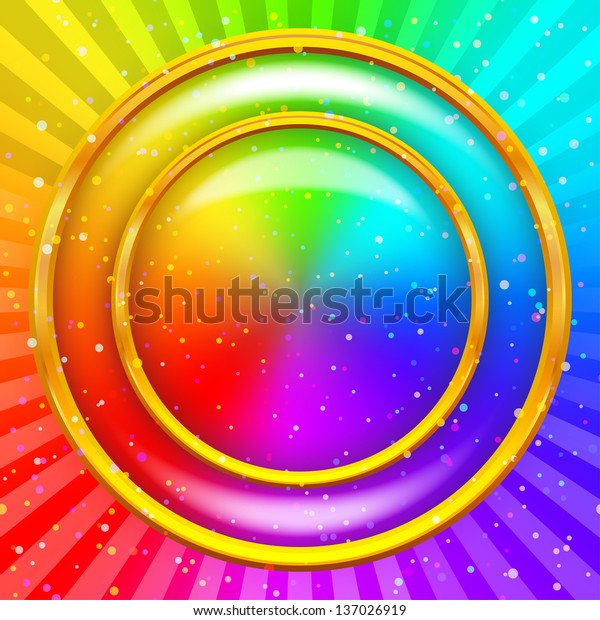 Rainbow Background Gold Frame Confetti Rays Stock Illustration ...
