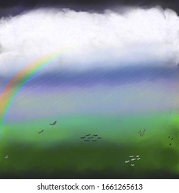 Rainforest Canopy Rain Clouds Rainbow Dark Stock Illustration ...
