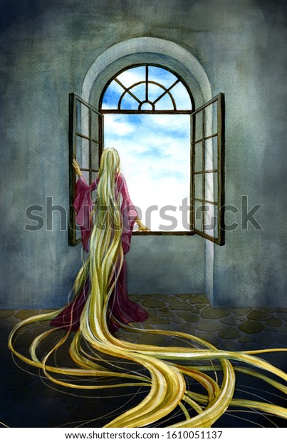 Rapunzel Looking Outside World Tower Window Stock Illustration 1610051137