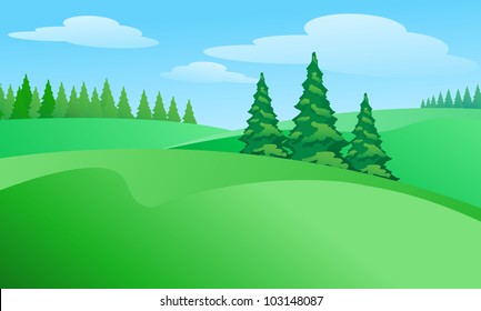 Raster Version Field Landscape Trees Illustration Stock Illustration ...