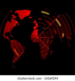 Ilustrasi Stok Red Radar Screen Integrated World Map 14569294 ...