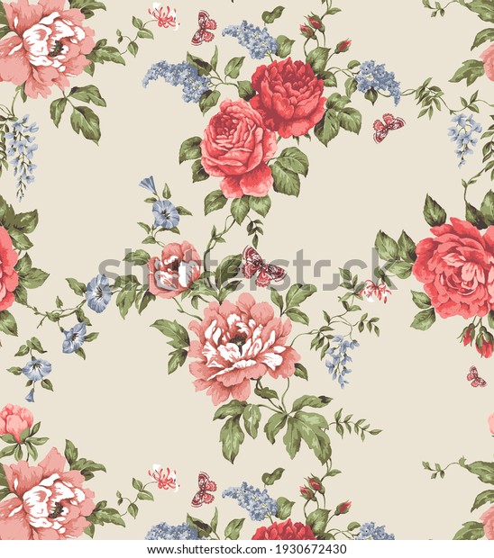Red Rose Seamless Pattern Blue Bells Stock Illustration 1930672430