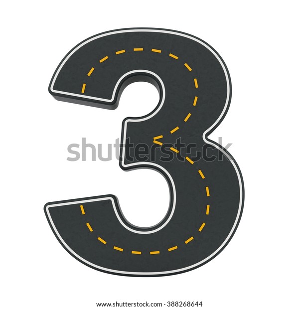 render of number 3 with road texture, isolated on white