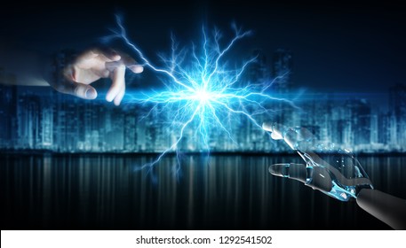 Robot Hand Creating Electricity Human Hand 스톡 일러스트 1292541502 ...