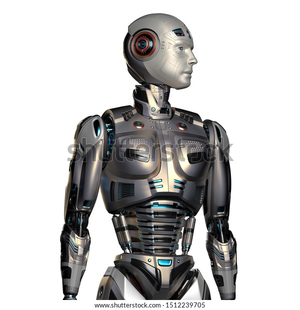 Robot man or very detailed futuristic android looking leftwards. Upper ... Robot man or very detailed futuristic android looking leftwards. Upper ...