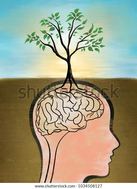 Roots Tree Creates Brain Shape Digital Stock Illustration 1034508127