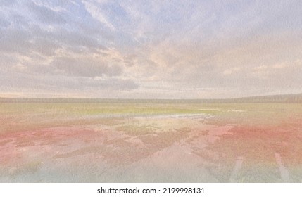 Rural Landscape Clouds Reflected Puddle Landscape Stock Illustration ...