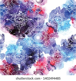 Sacred Geometry Seamless Pattern On Watercolor Stock Illustration ...