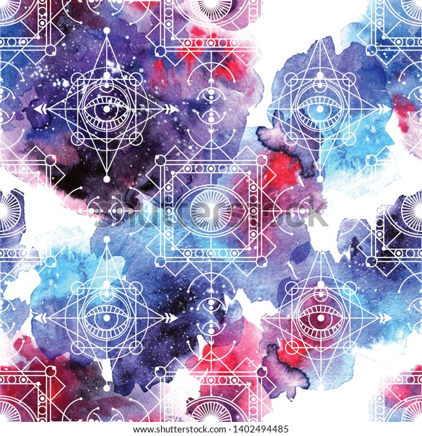 Sacred Geometry Seamless Pattern On Watercolor Stock Illustration ...