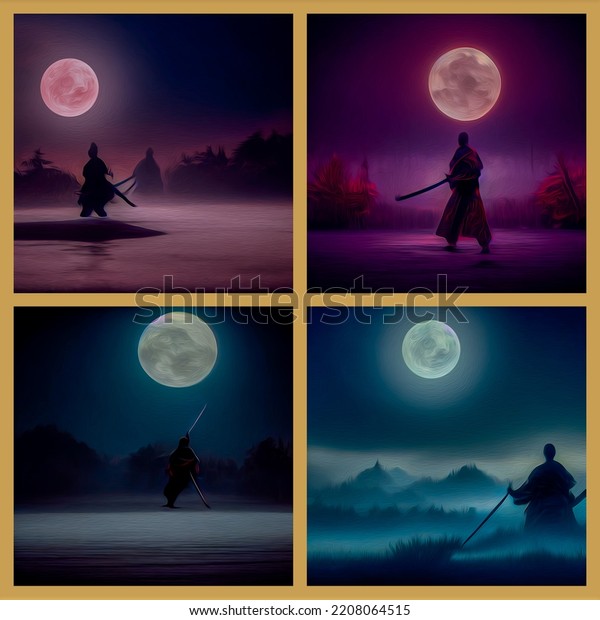 Samurai Practicing Sword On Full Moon Stock Illustration 2208064515 ...