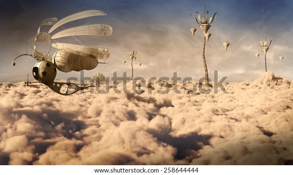 Scene Flying Machine Balloons Three Fantasy Stock Illustration ...