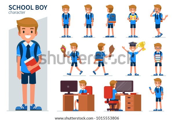 Ilustrasi Stok School Boy Character Different Poses Flat 1015553806 ...