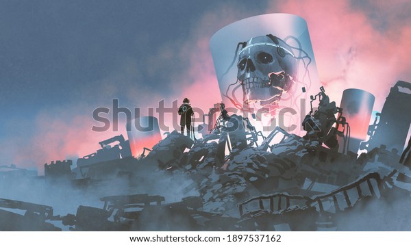 Scientist Creating Giant Creature Destroyed Lab Stock Illustration ...