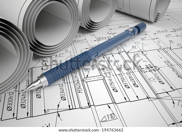 Scrolls Engineering Drawings Automatic Pencil Desk Stock Illustration ...