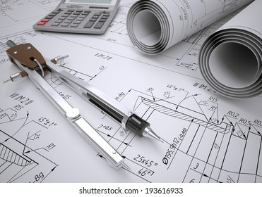 Scrolls Engineering Drawings Tools Desk Engineer Stock Illustration ...