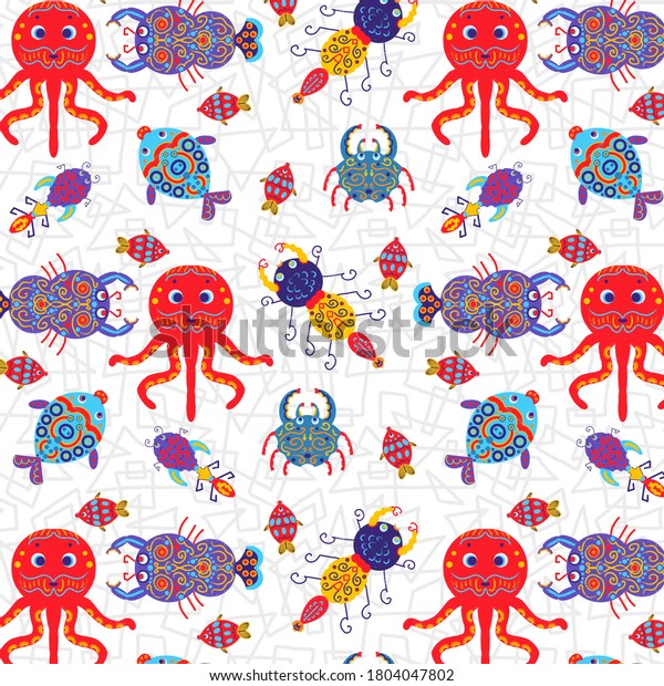 Sea Creatures Pattern Design Fabric Design Stock Illustration ...