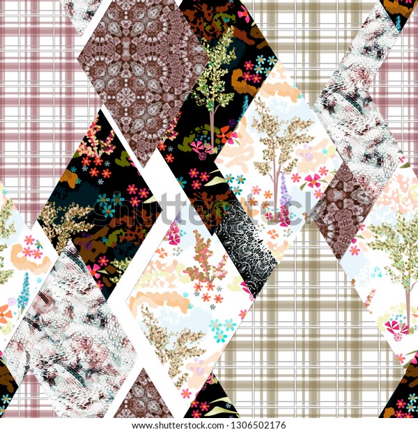 Seamless Abstract Patchwork Plaid Patches Pattern Stok İllüstrasyon ...