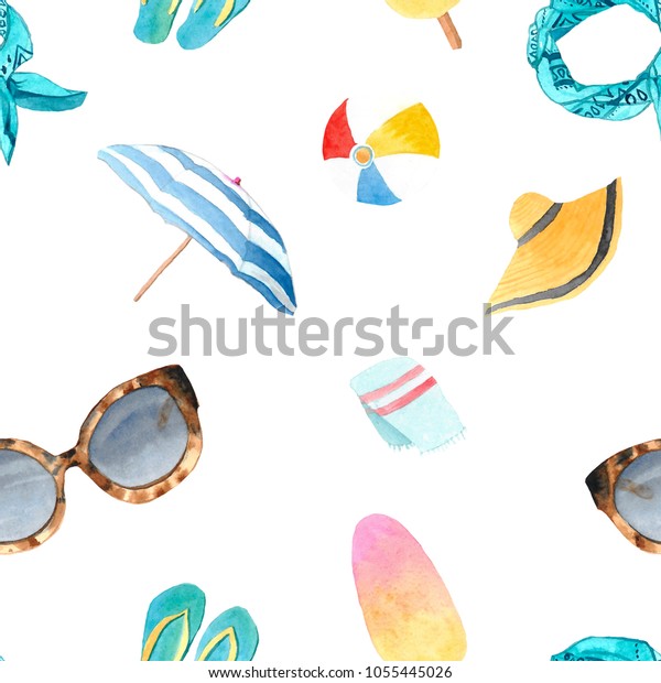 Seamless Beach Pattern Hand Drawn Watercolor Stock Illustration 1055445026