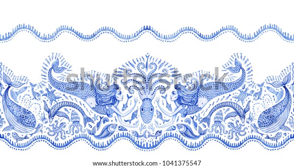 Seamless Border Pattern Indigo Blue Hand Stock Illustration 1041375547 ...