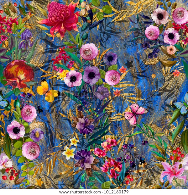 Seamless Bright Floral Pattern On Blue Stock Illustration 1012160179 ...