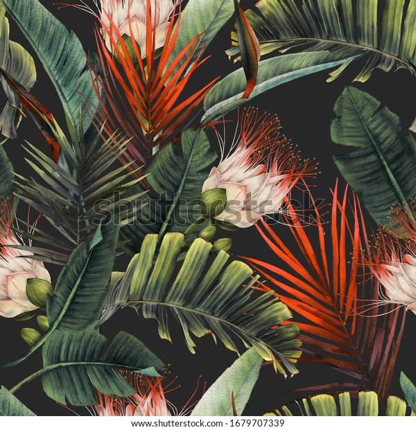 Seamless Floral Pattern Tropical Flowers Leaves 库存插图 1679707339