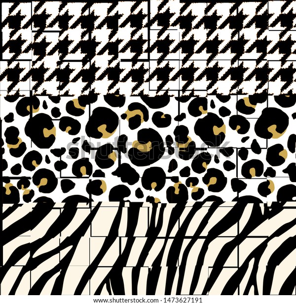 Seamless Leopard Zebra Check Pattern Mix: ilustrações stock 1473627191 ...
