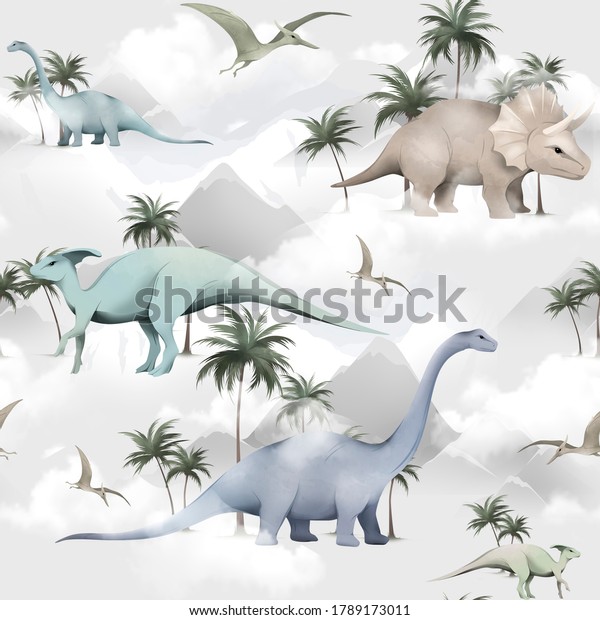 Seamless Modern Pattern Dinosaurs Palms Seamless Stock Illustration ...