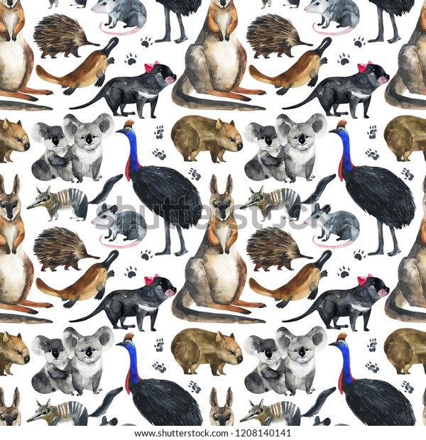 Seamless Pattern Australian Animals Handdrawn Watercolor Stock ...
