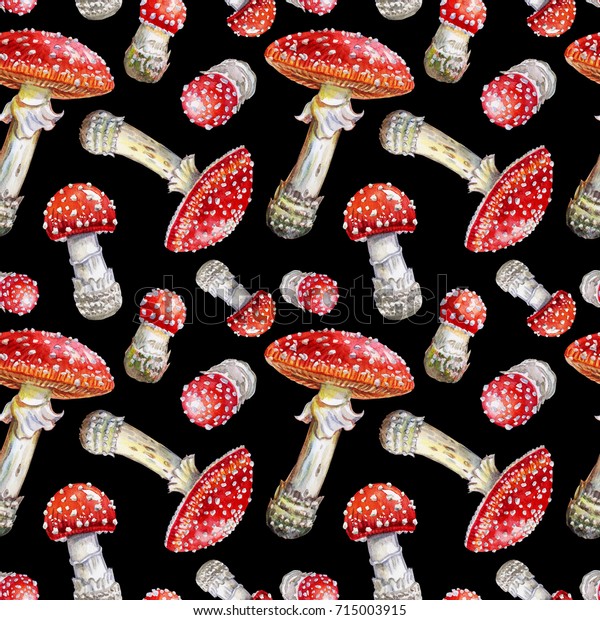 Seamless Pattern Fly Agarics On Black Stock Illustration 715003915