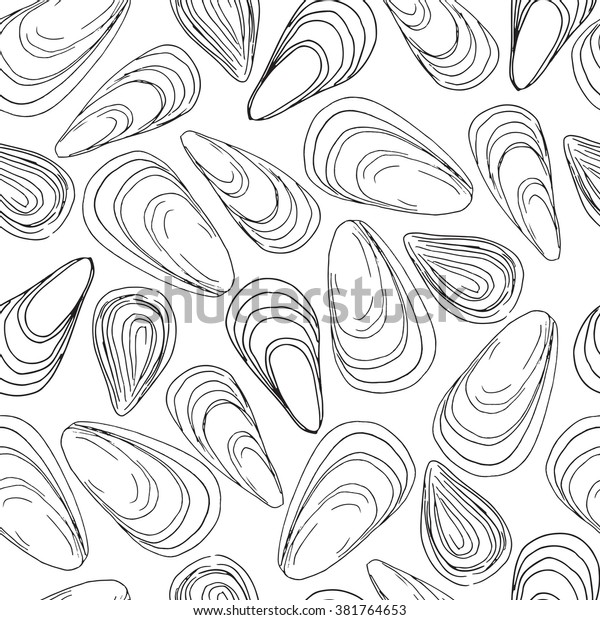 Seamless Pattern Mussels Linear Hand Drawn Stock Illustration 381764653 ...