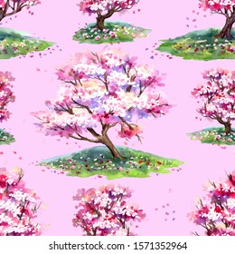 Seamless Pattern Sakura Trees Blooming Spring Stock Illustration ...