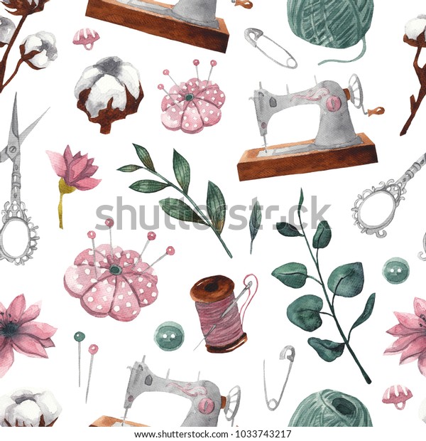Seamless Pattern Sewing Items Floral Elements Stock Illustration ...