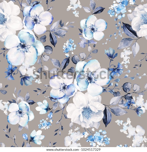 Seamless Pattern Spring Blue Flowers Leaves Stock Illustration 1024517329