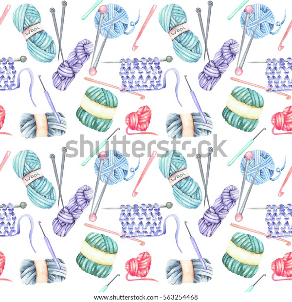Seamless Pattern Watercolor Knitting Elements Yarn Stock Illustration ...