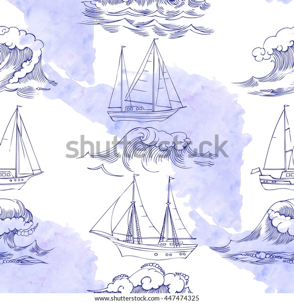 Seamless Pattern Waves Ships Hand Drawn Stock Illustration 447474325