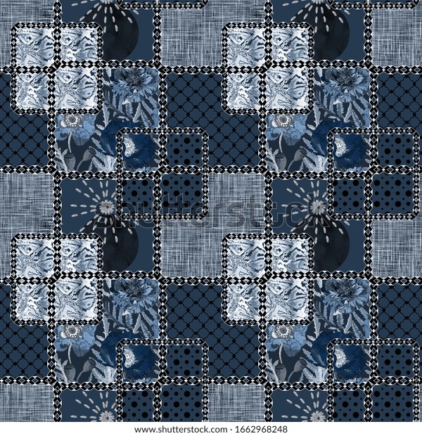 Seamless Retro Floral Patchwork Blue Background Stock Illustration ...