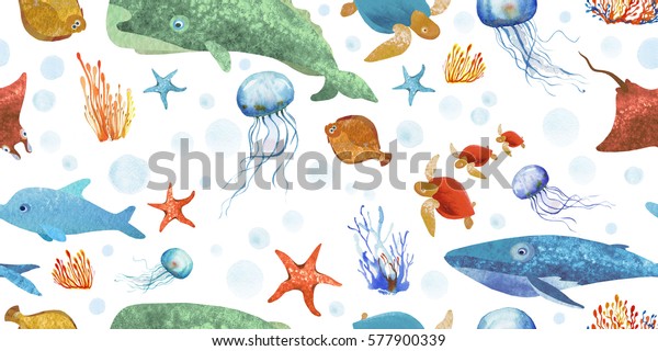 Seamless Texture On Ocean Animals Marine Stok İllüstrasyon 577900339