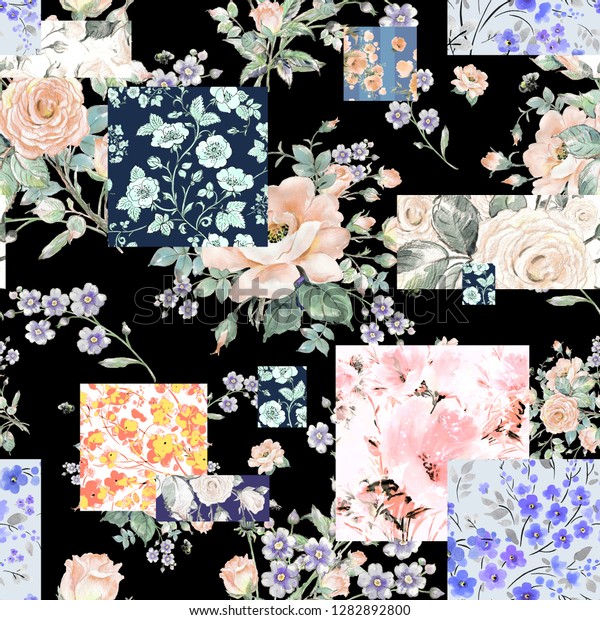 Seamless Watercolor Patchwork Pattern Flowers Stock Illustration 1282892800