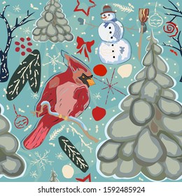 Seamless Winter Pattern Cute Cardinal Bird Stock Illustration ...