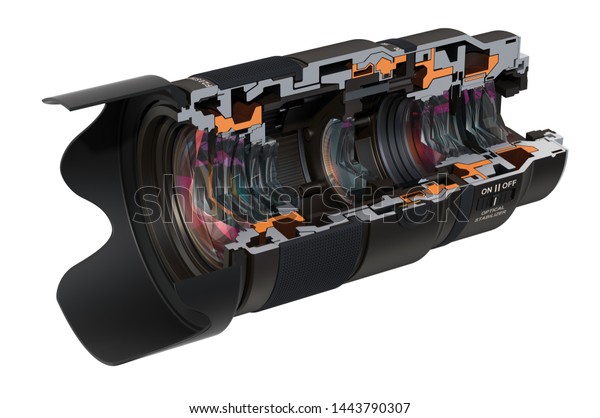 Sectional camera lens view, 3D rendering isolated on white background