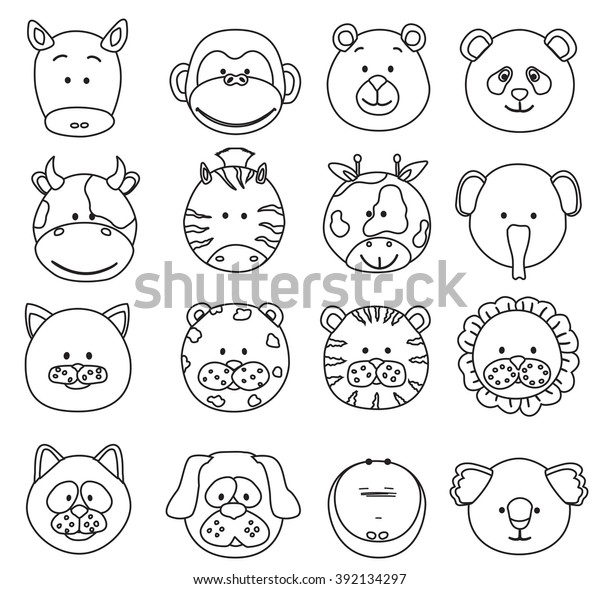 Set Cartoon Animals Faces Thin Line Stok İllüstrasyon 392134297 ...
