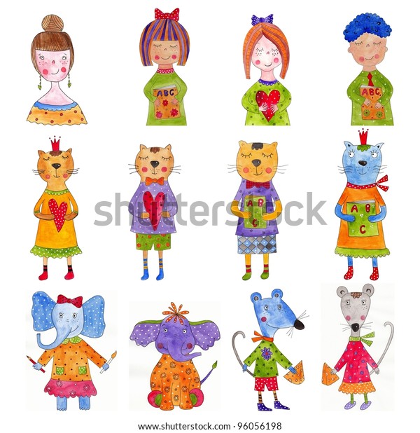 Set Cartoon Characters: ilustrações stock 96056198 | Shutterstock