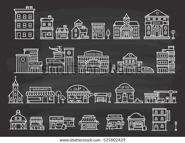 Ilustrasi Stok Set Cute Building Doodle 525802429 | Shutterstock