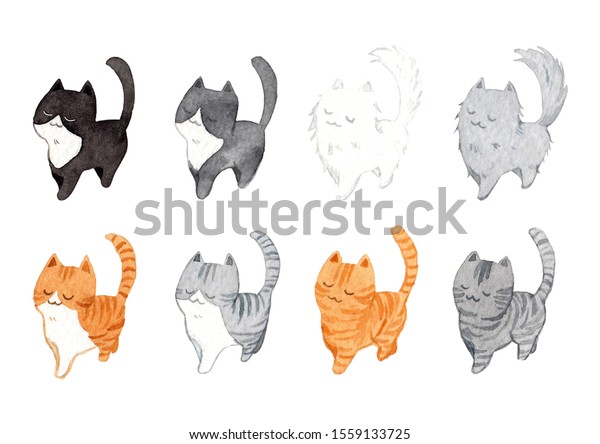 Set Cute Cats Same Pose Watercolor Stock Illustration 1559133725 ...