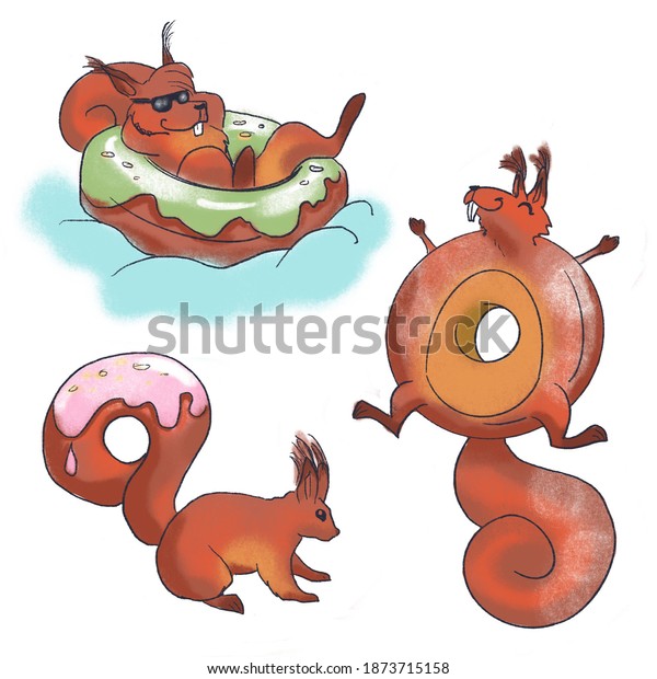 Set Digital Illustrations Squirrel Donut Inflatable Stock Illustration ...